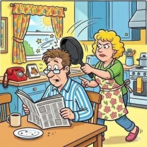 A guy is reading his paper when his wife walks up behind him . - The ...